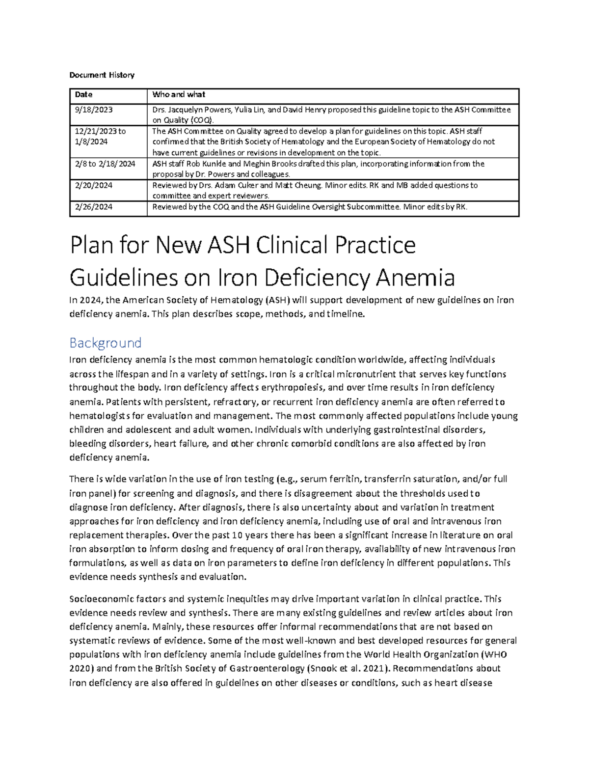 2024 ASH Guidelines Plan for Iron Deficiency Anemia (IDA) - Studocu