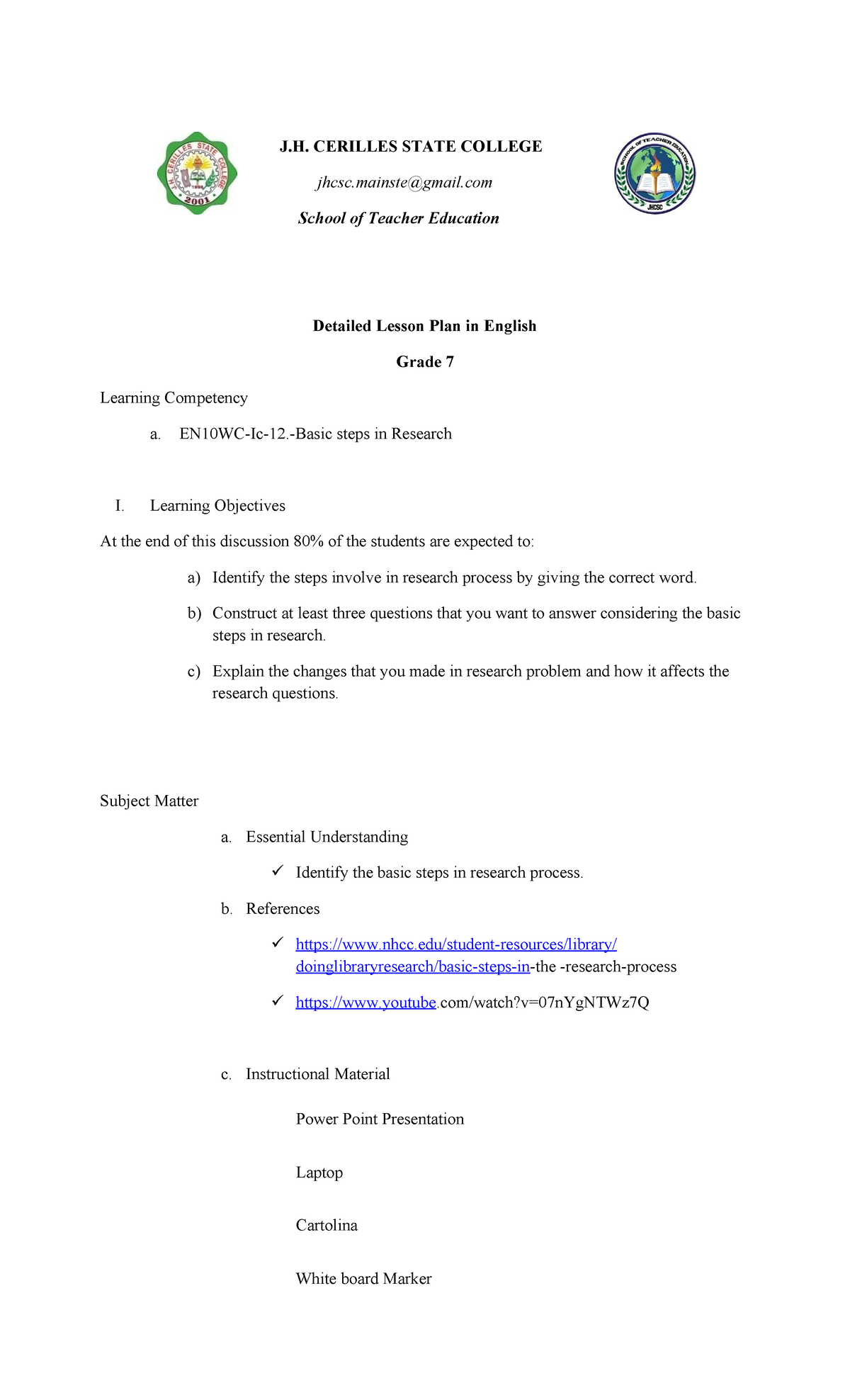 Detailed Lesson Plan in English 7: Steps in Research Process - Studocu