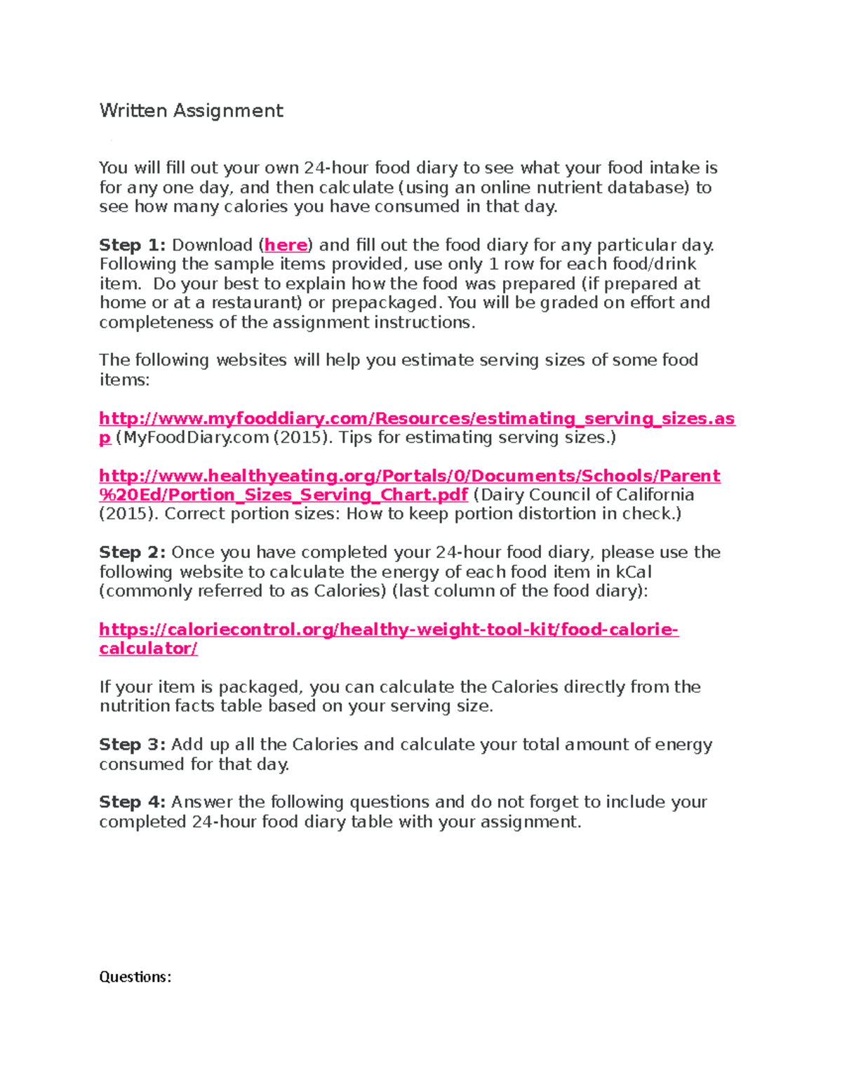 WA 24-HOUR FOOD DIARY - WRITTEN ASSIGNMENT GUIDE - Studocu
