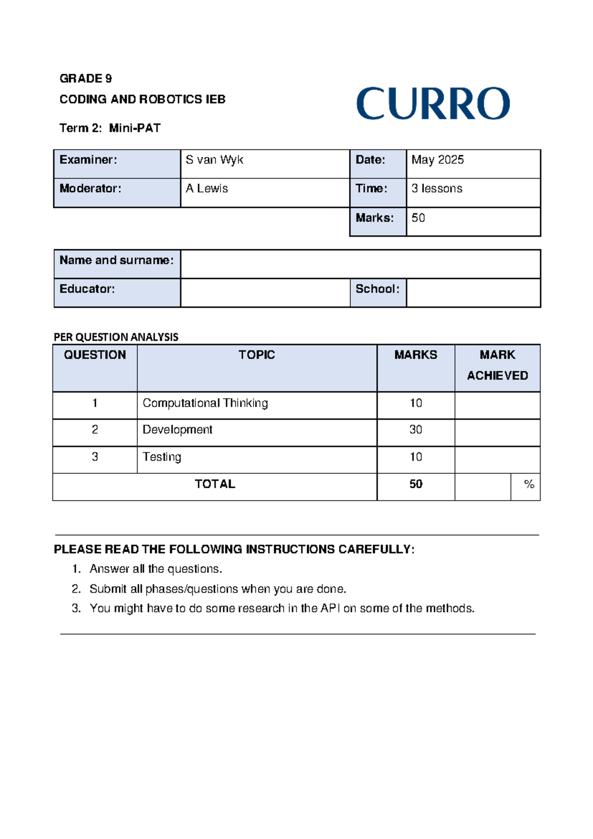 Mini-PAT Term 2: Grade 9 Coding & Robotics IEB Practical Assessment ...