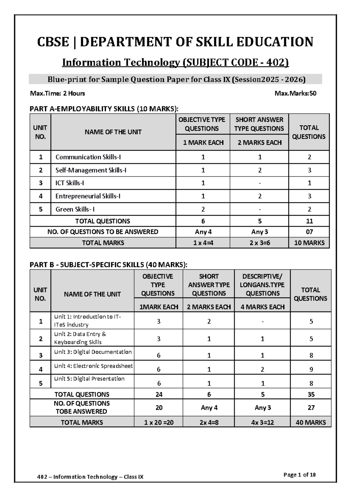 IX Sample Question Paper for IT (SUBJECT CODE 402) Class IX (Session ...