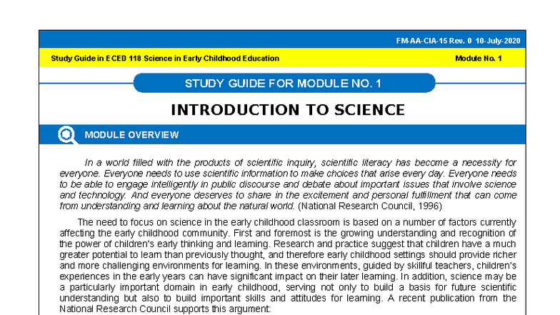 ECED 118 Study Guide: Science in Early Childhood Education Module 1 - Studocu