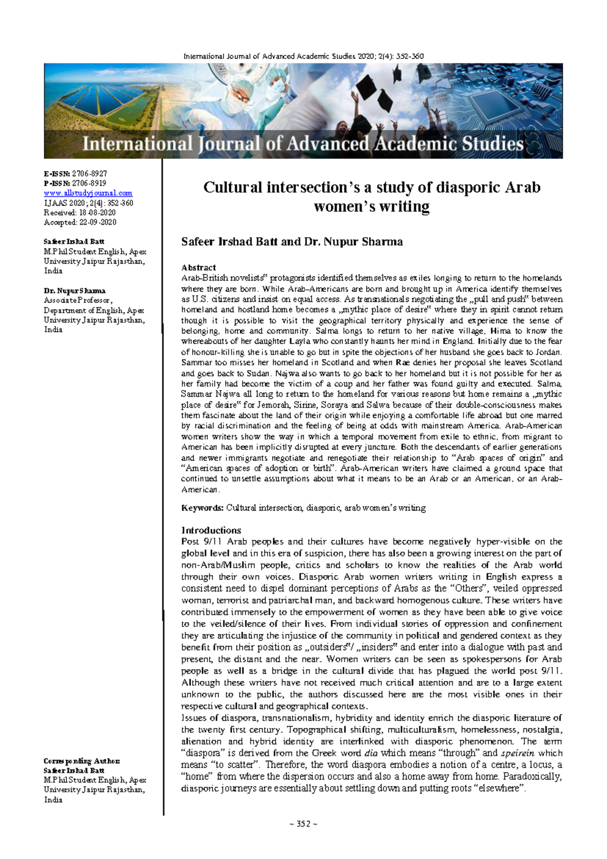 Cultural Intersection in Diasporic Arab Writing: An Analysis of ...