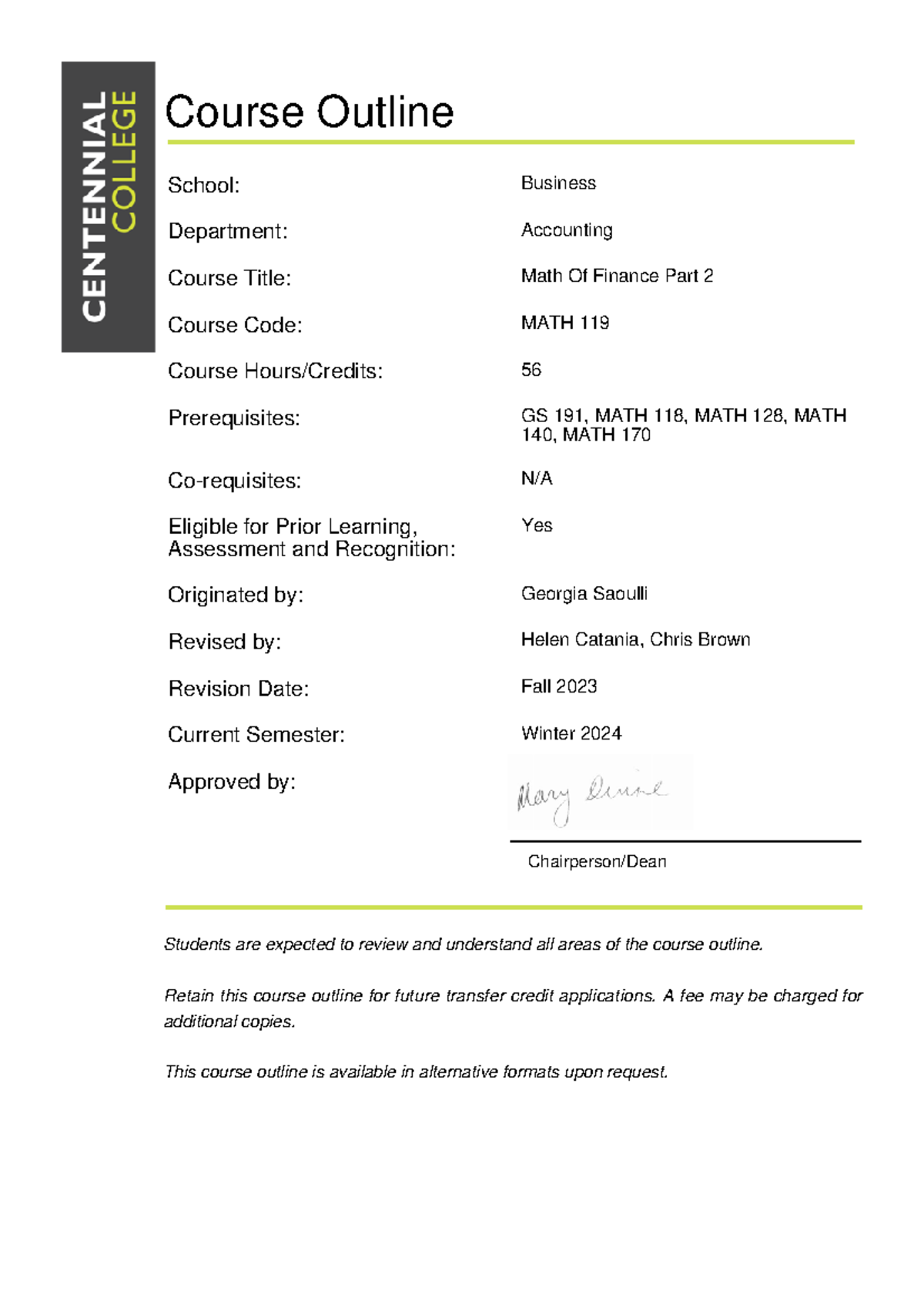 MATH 119 - Math of Finance Part 2 Course Outline for Winter 2024 - Studocu