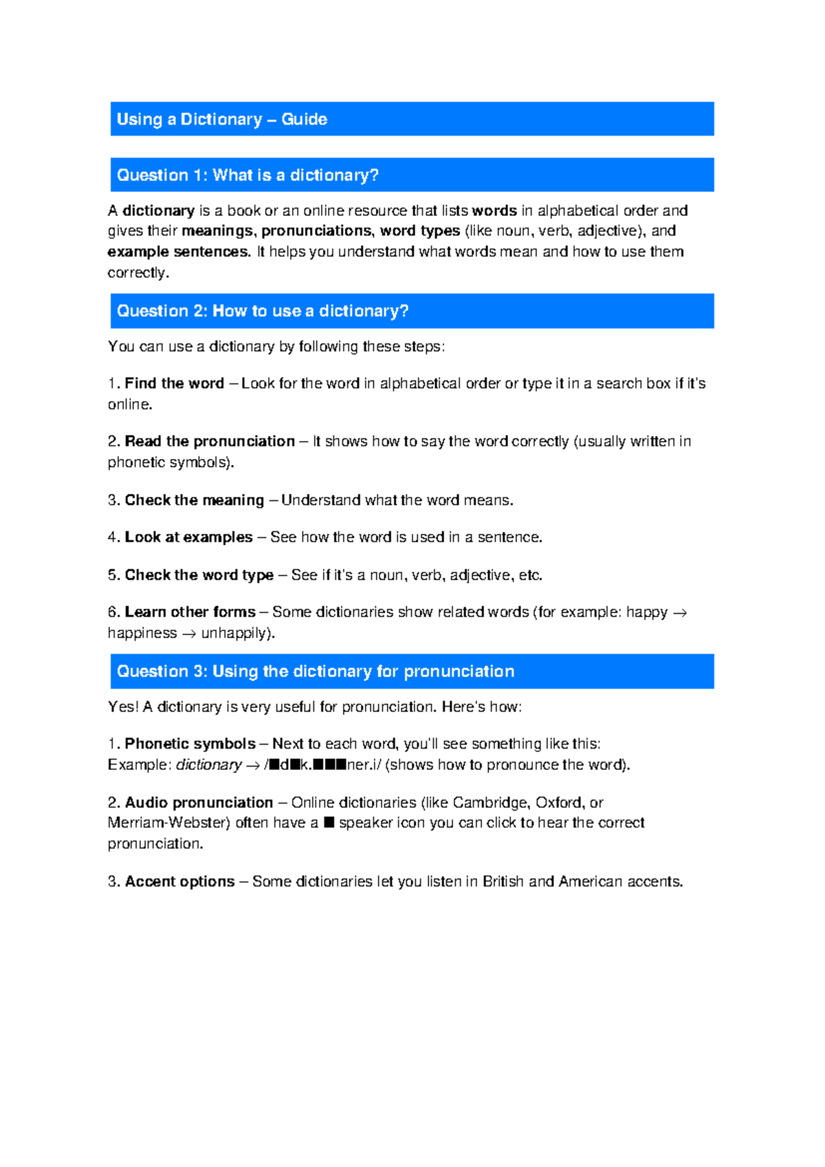 Using a Dictionary Guide: Tips & Techniques 260514 224744 - Studocu