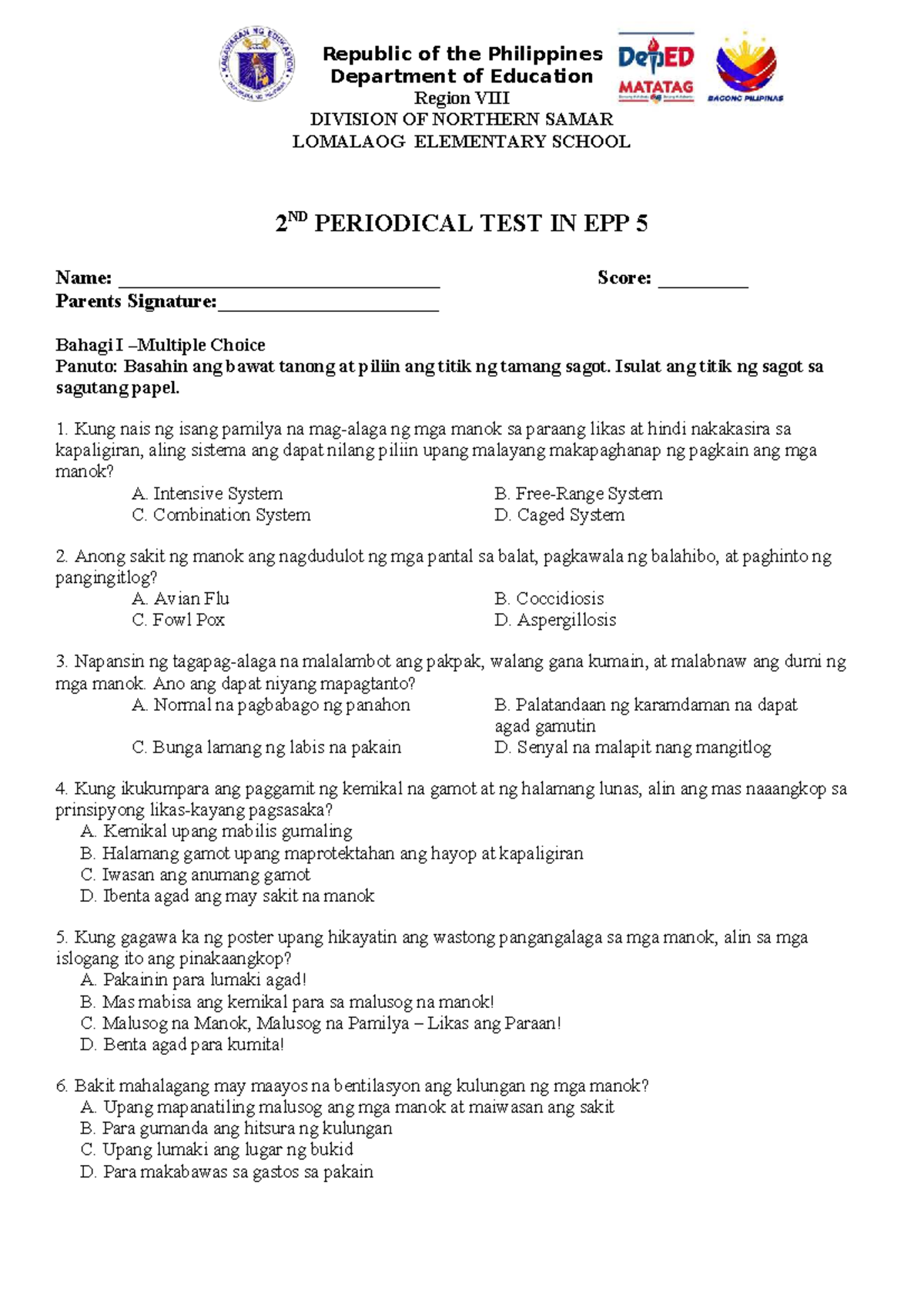 2ND PERIODICAL TEST IN EPP 5: NATURAL POULTRY MANAGEMENT - Studocu