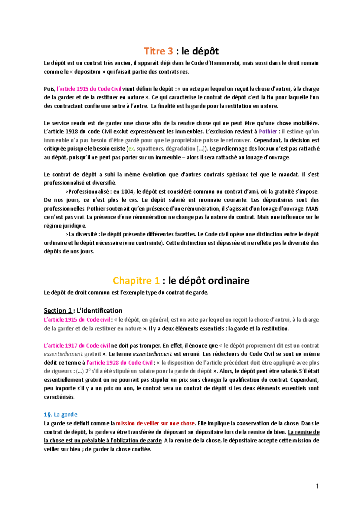 Contrat de Dépôt : Obligations et Règles du Code Civil expliqué - Studocu