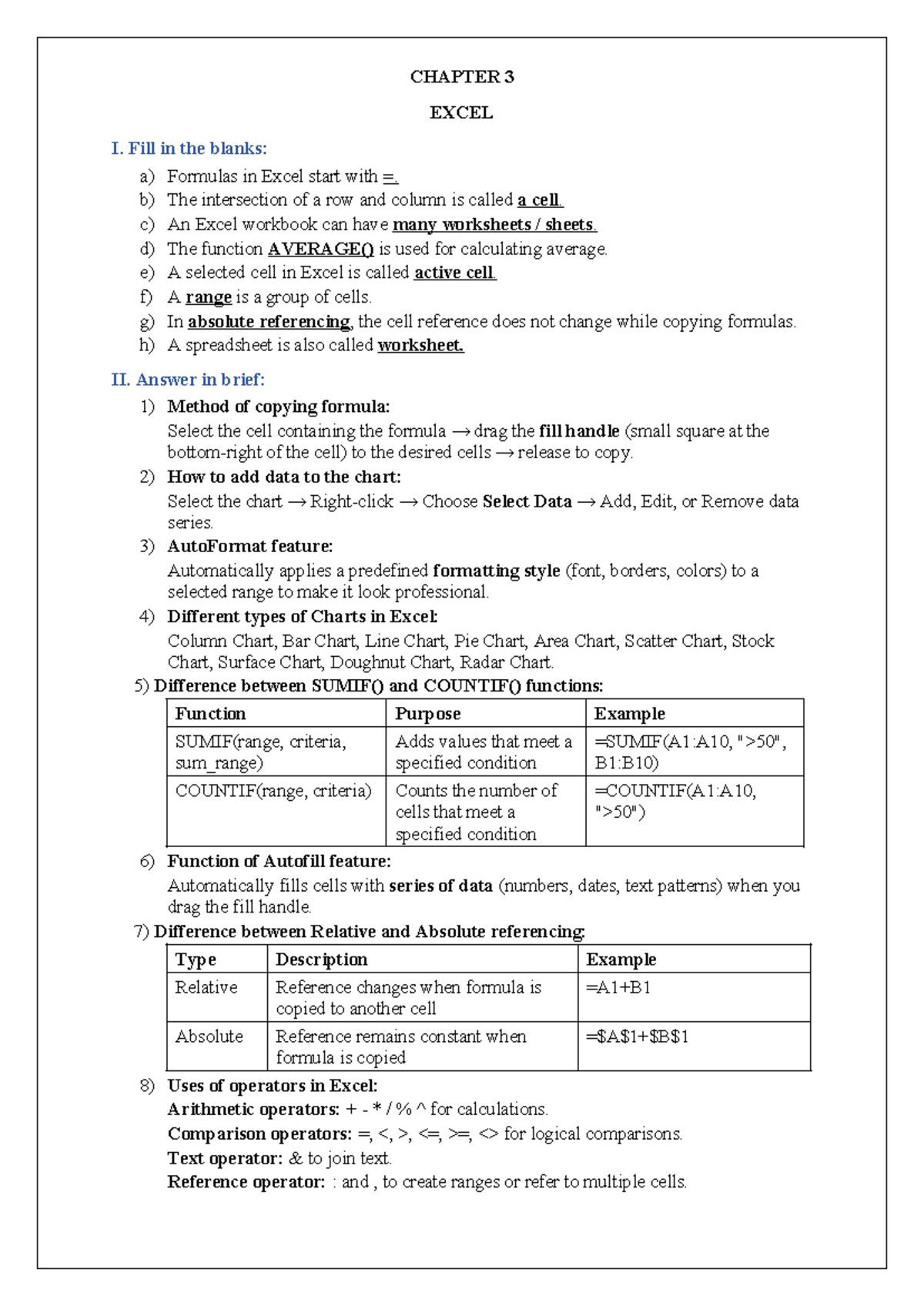 CHAPTER 3: EXCEL - Key Concepts and Functions Overview - Studocu