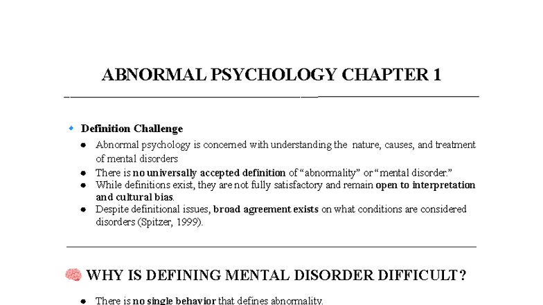ABNORMAL PSYCHOLOGY CHAPTER 1: Understanding Mental Disorders and DSM-5 ...