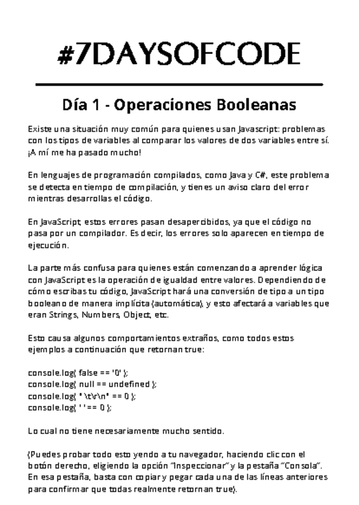 7 Days of Code: JavaScript Basics and Challenges (Día 1-6) - Studocu