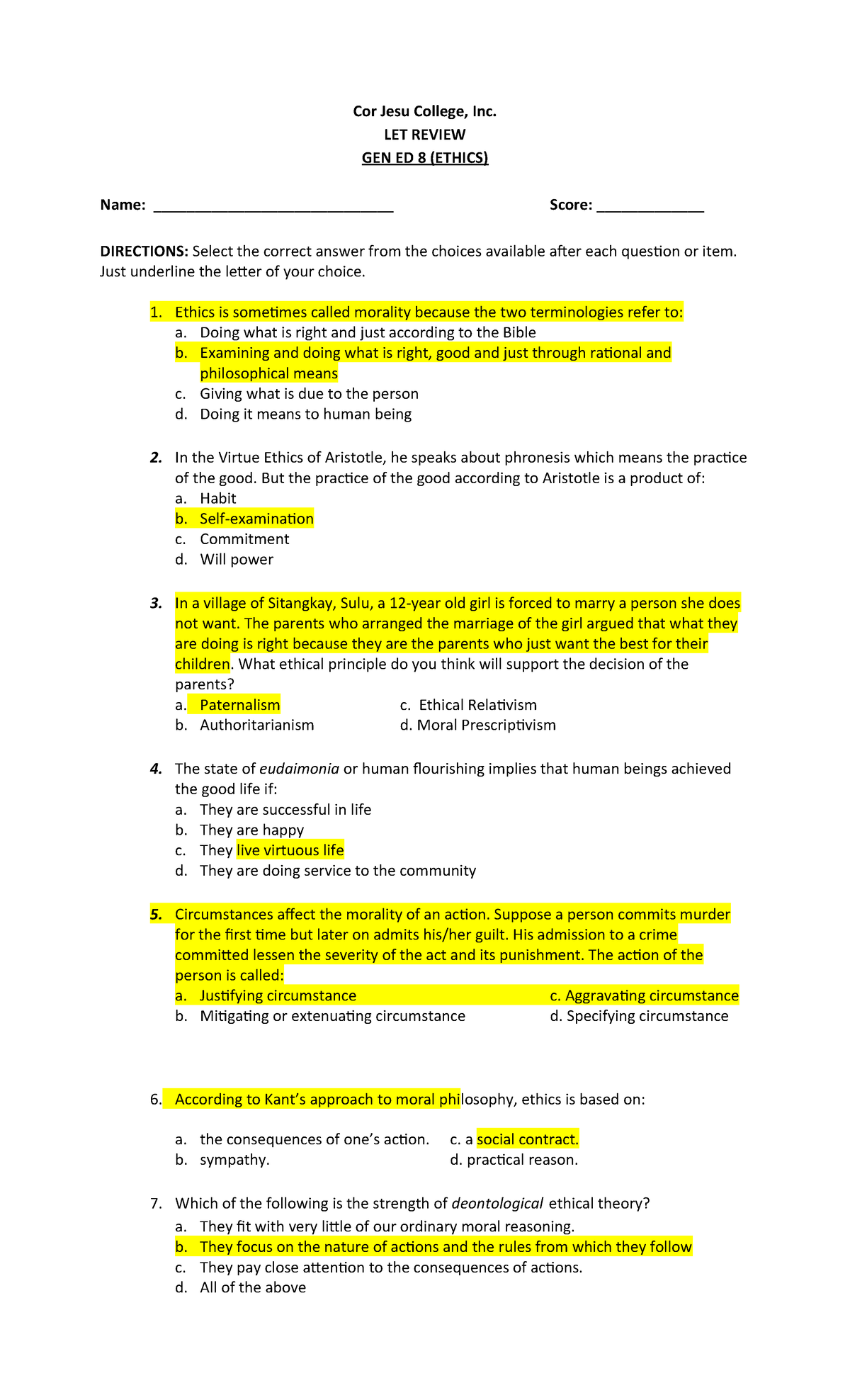 Cor Jesu College LET Review: General Education 8 (Ethics) Lecture Notes ...