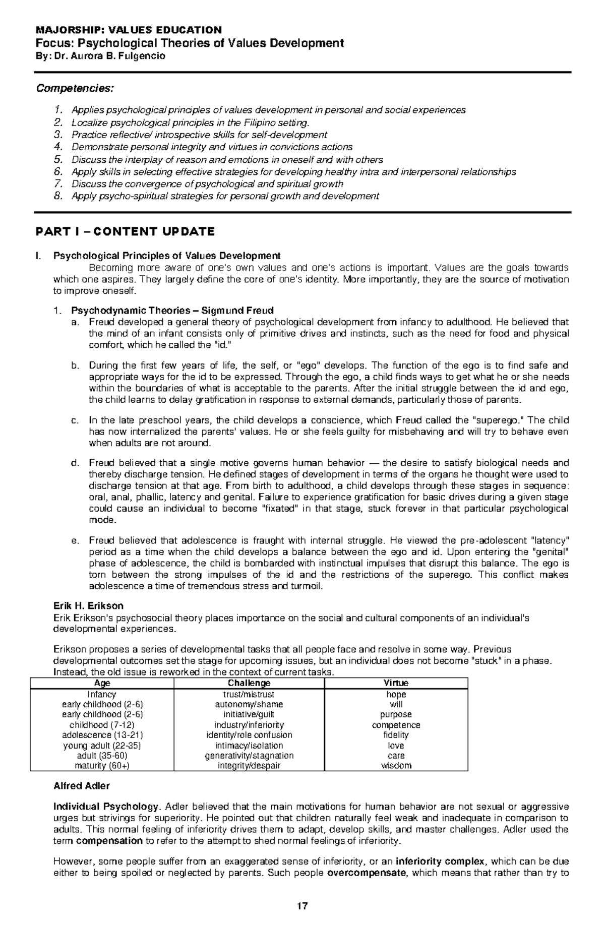 Psychological Theories of Values Development in Values Ed (MAJORSHIP ...