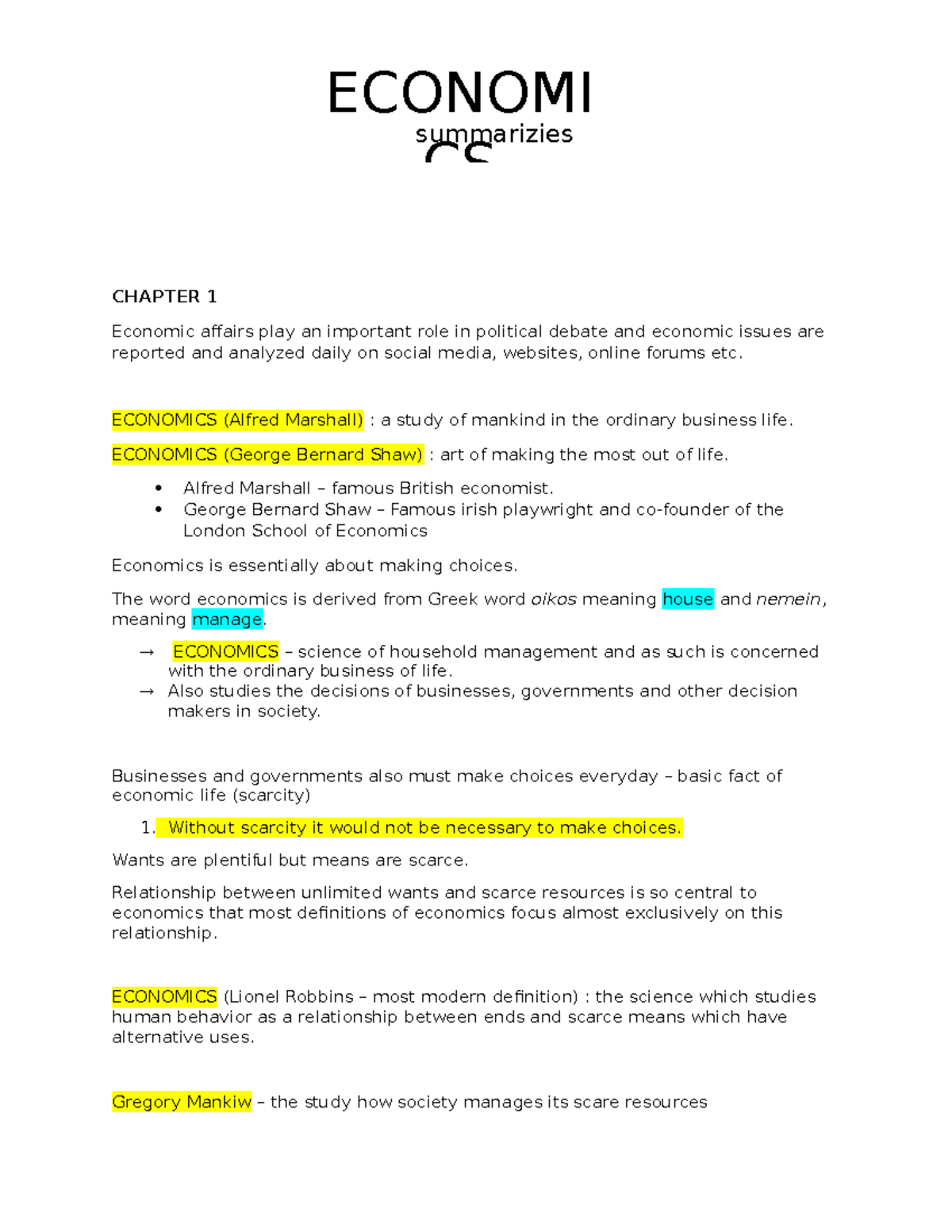 Chapter 1: Key Concepts in Economics and Its Definitions - Studocu