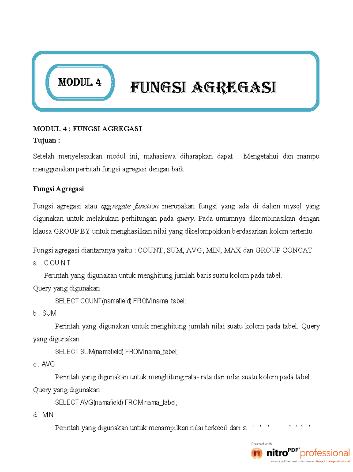 Modul 4: Pemahaman & Penggunaan Fungsi Agregasi di MySQL - Studocu