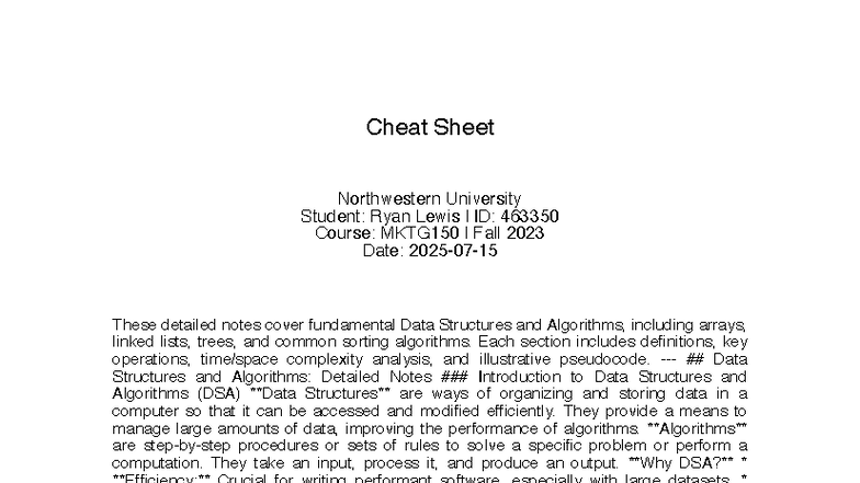 MKTG150 Fall 2023: Data Structures & Algorithms Cheat Sheet - Studocu