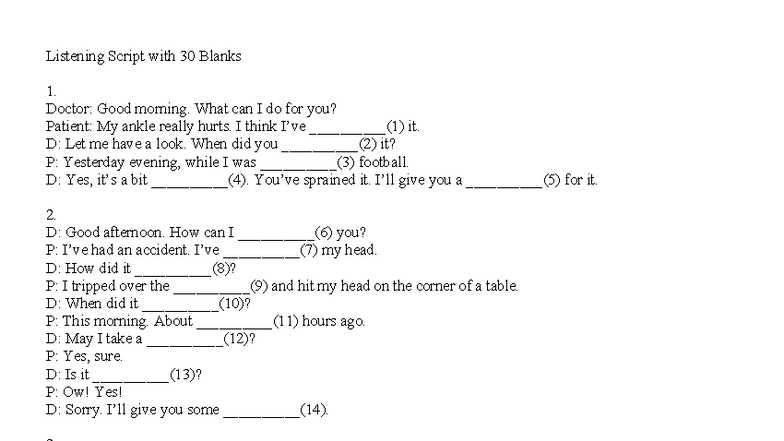 Listening Blanks Exercise - 30 Fill-in-the-Blank Questions - Studocu