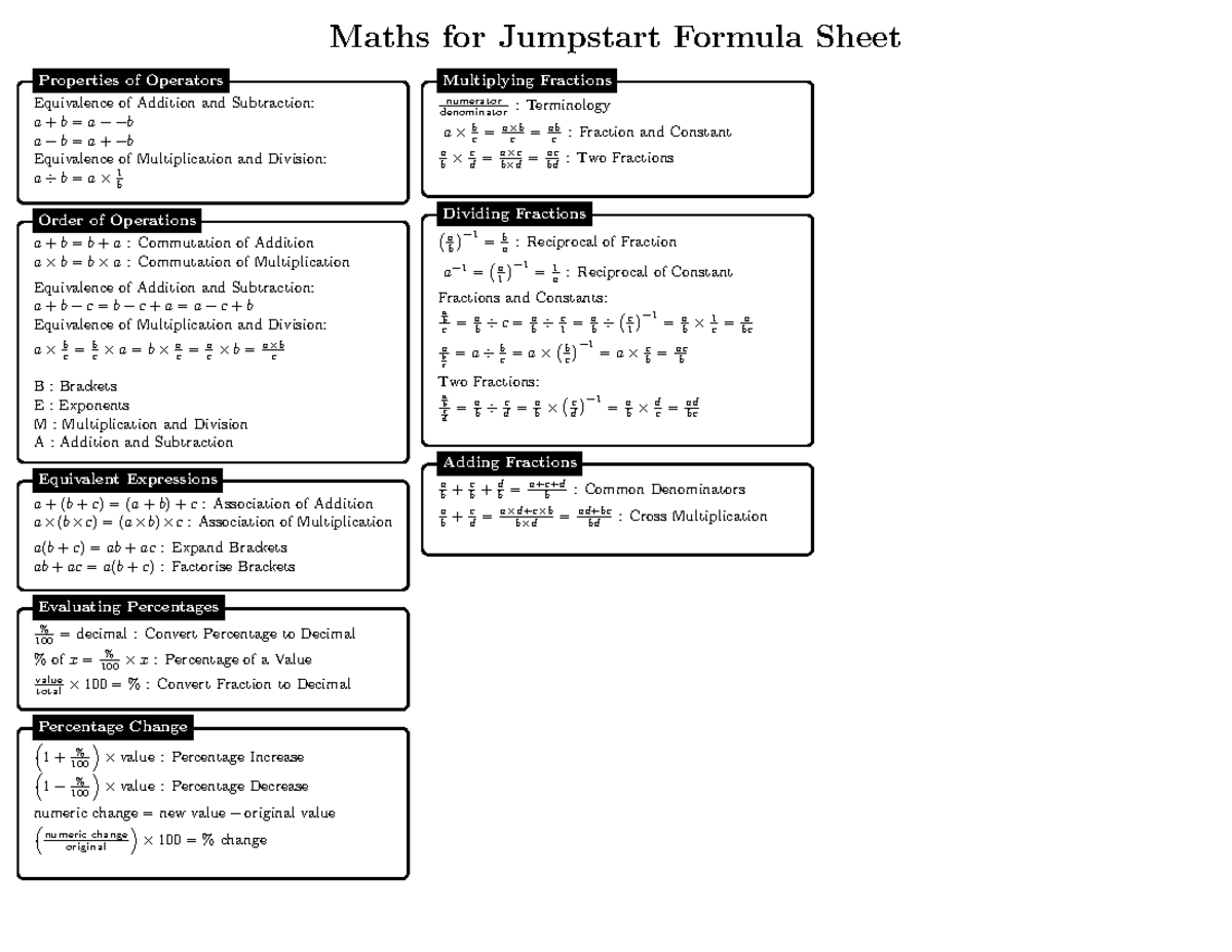 Maths for Jumpstart: Formula Sheet on Adding Fractions - Studocu