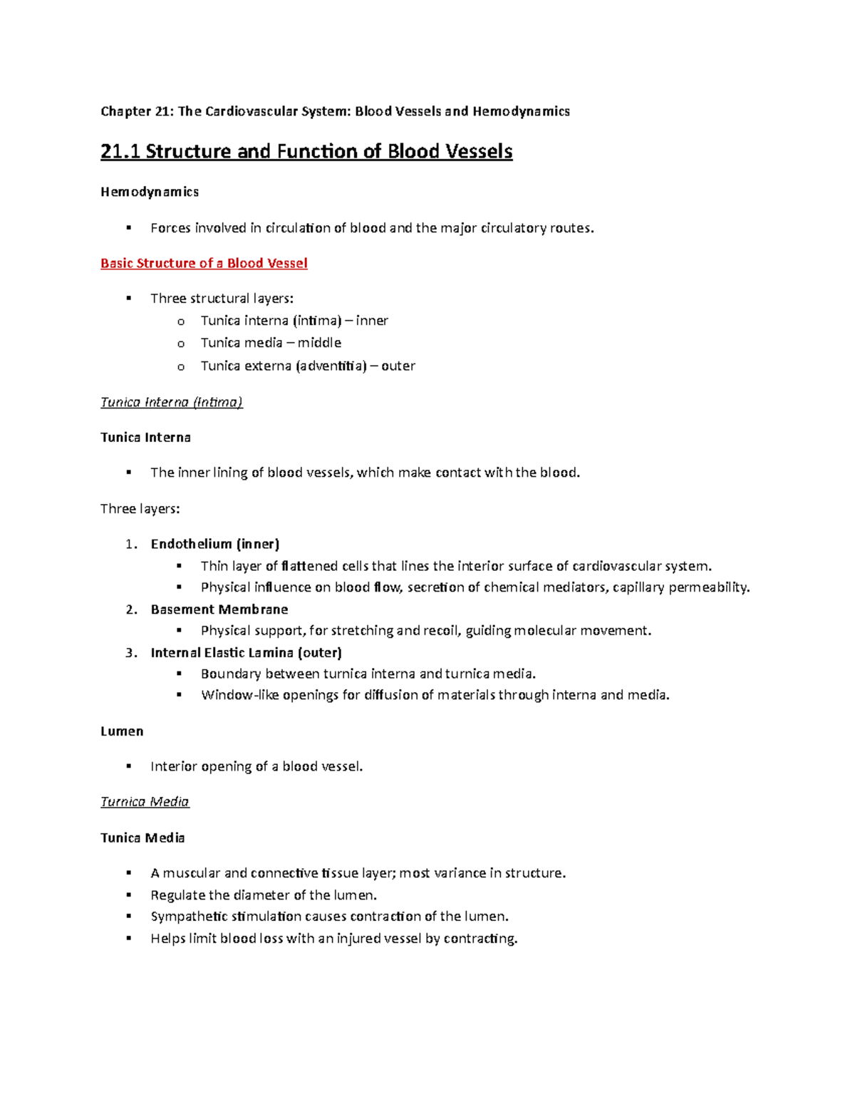 Chapter 21: Blood Vessels & Hemodynamics Overview (Bio 101) - Studocu