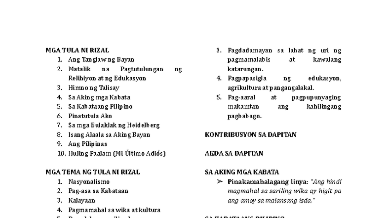 MGA TULA NI RIZAL: Pagsusuri at Tema ng Kanyang Akda - Studocu