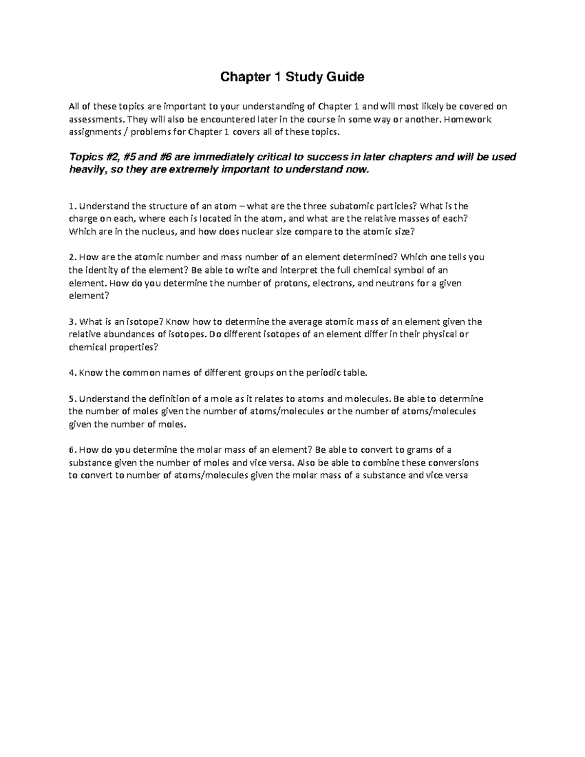 Chapter 1 Study Guide: Key Concepts in Atomic Structure & Moles - Studocu