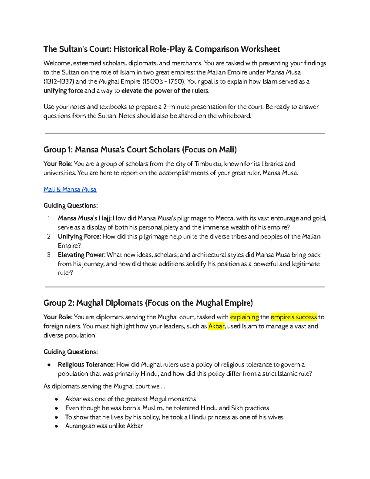 The Sultan's Court: Role-Play on Islam's Influence in Mali & Mughal ...