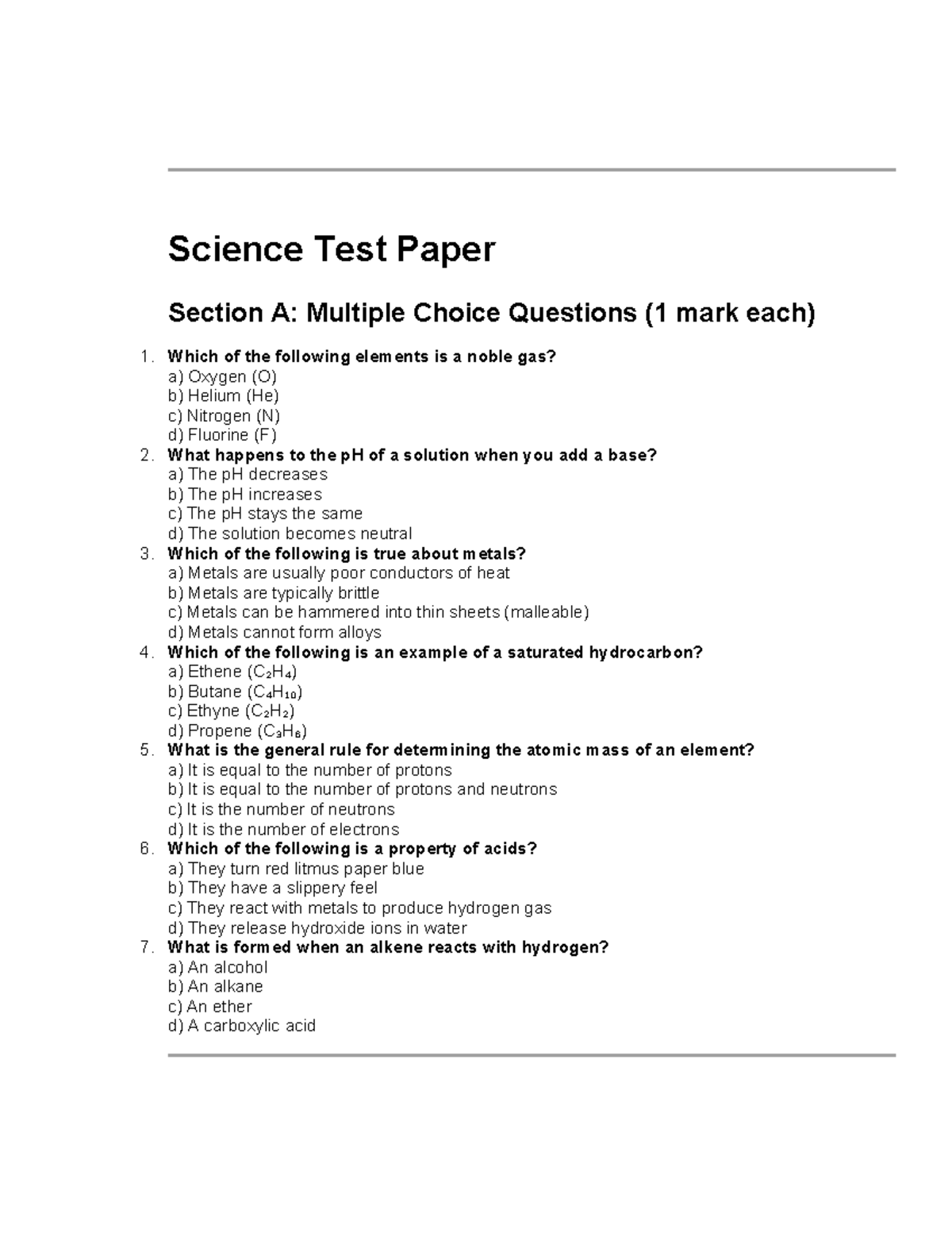 Science Test Paper: MCQs, Fill in the Blanks & Short Answers - Studocu