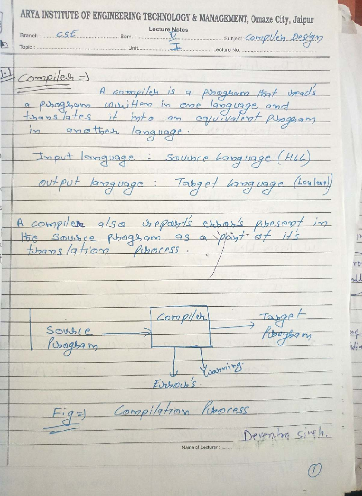 CSE V Lecture Notes: Compiler Design Unit I Overview - Studocu