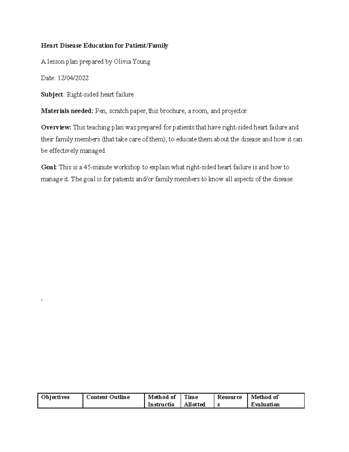 Teaching Plan: Right-Sided Heart Failure Education Workshop - Studocu
