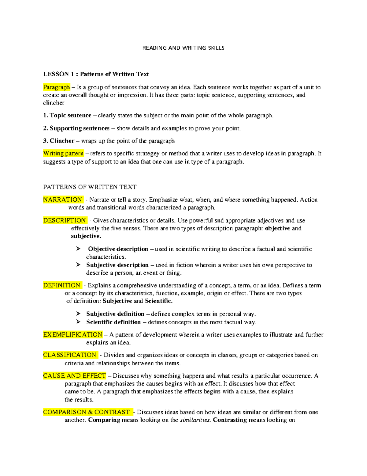 RWS 101 Midterm Reviewer: Understanding Written Text Patterns - Studocu