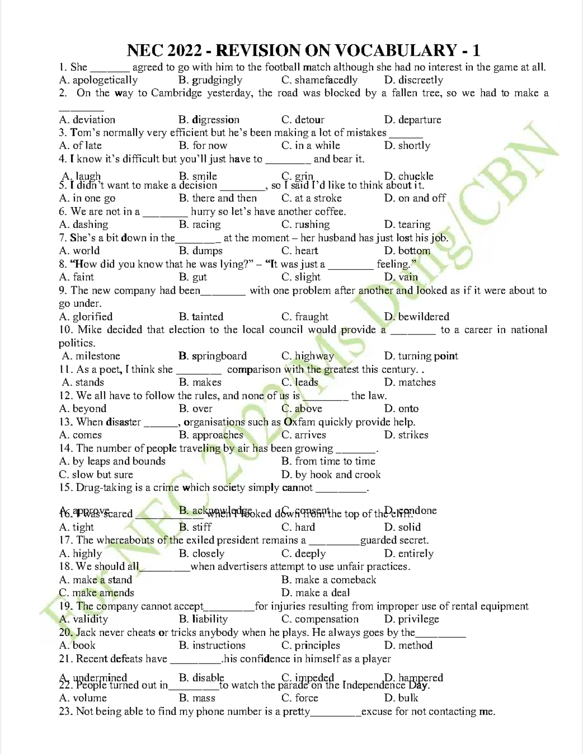 NEC 2022 Vocabulary Revision: Practice Questions and Answers - Studocu
