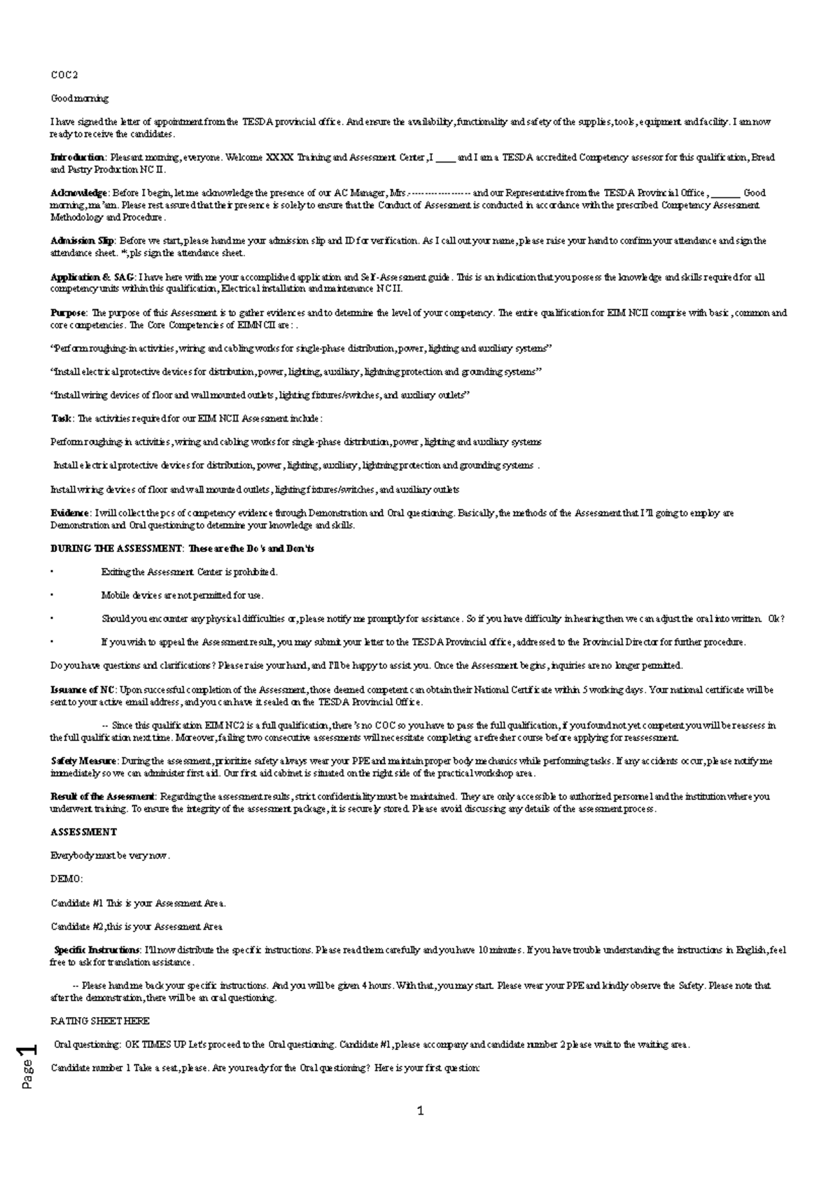 COC 2 EIM NC II Assessment Script: Guidelines & Procedures - Studocu