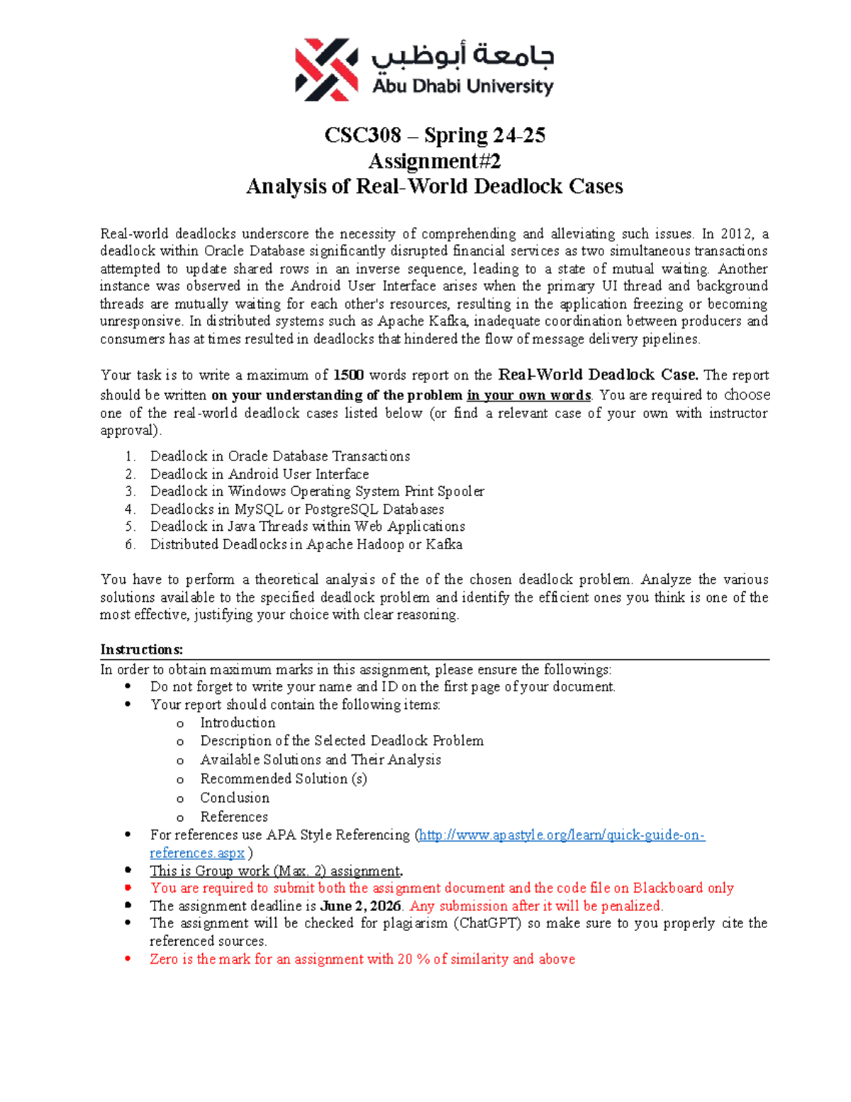 CSC308 Spring 2024 Analysis of Deadlock Cases Report - Studocu