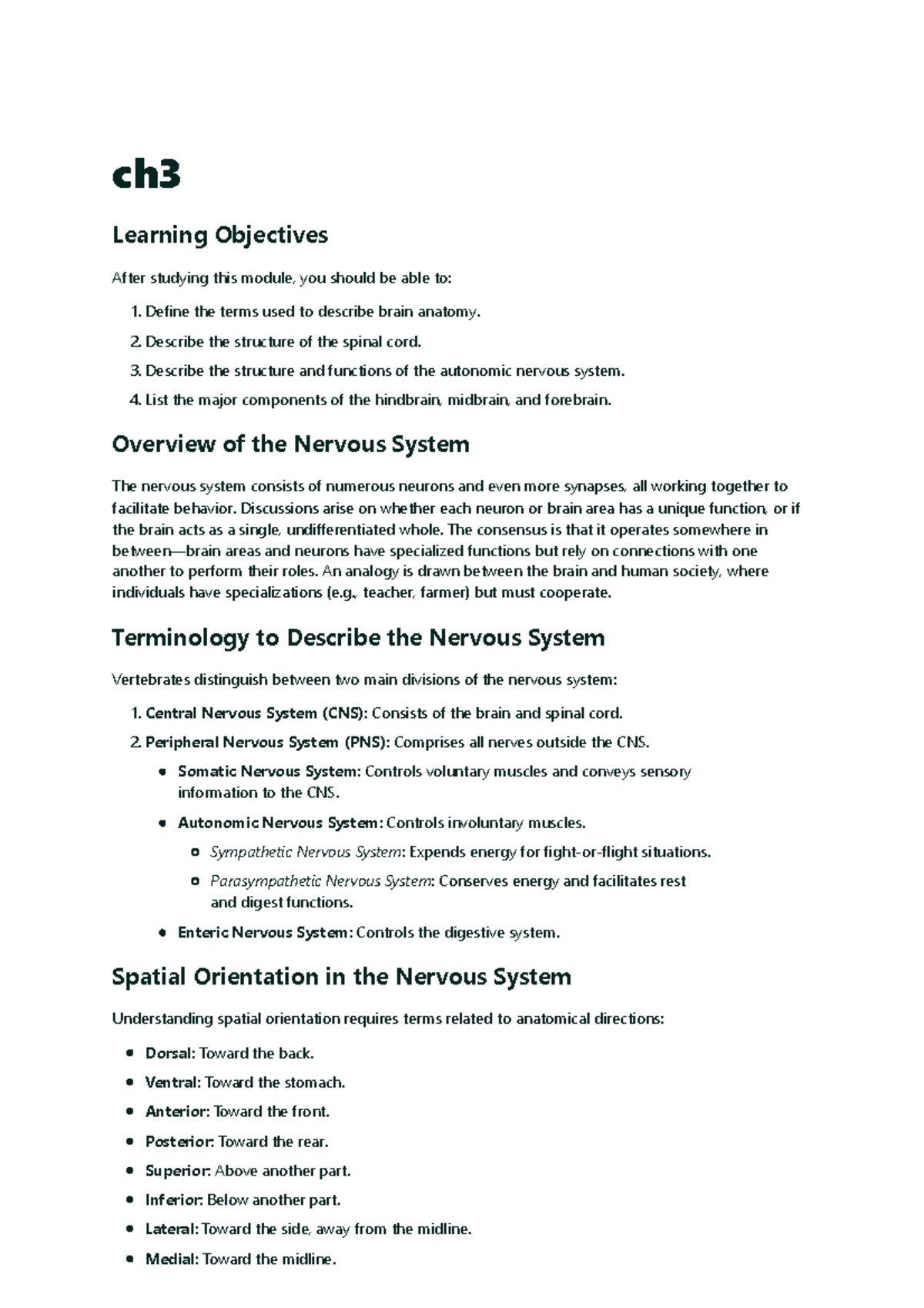 Ch3 PSYC2: Learning Objectives & Overview of the Nervous System - Studocu