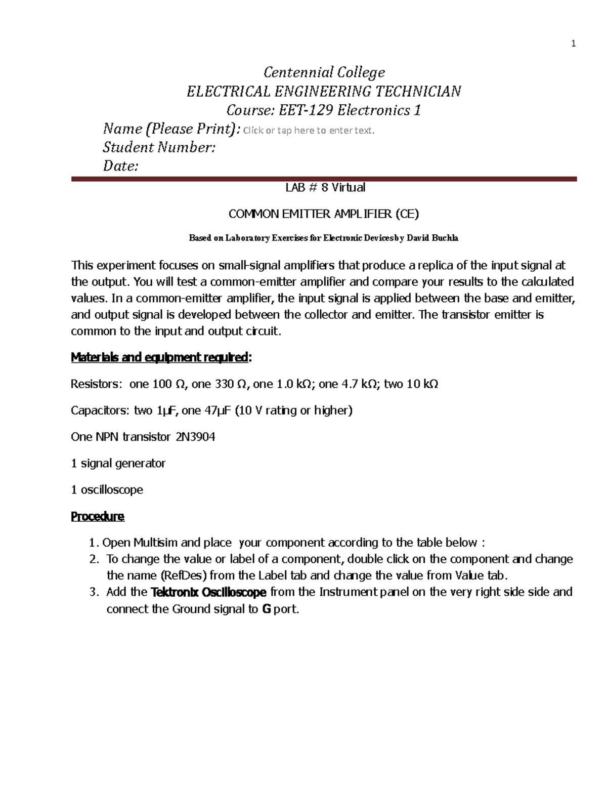 EET-129 LAB 8 Common Emitter Amplifier - Centennial College ELECTRICAL ...