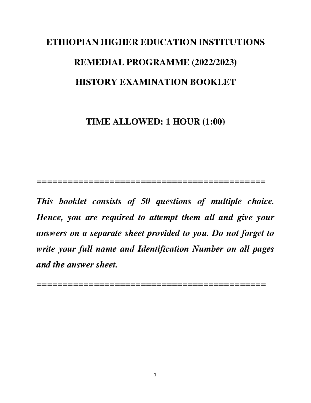 ETHIOPIAN HIGHER EDUCATION REMEDIAL PROGRAMME HISTORY EXAM (1 HOUR ...