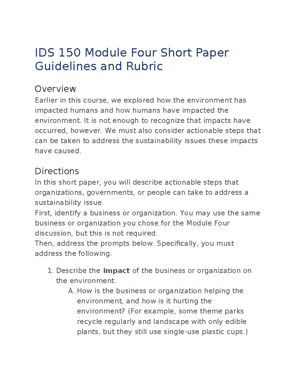 IDS 150 Module Four Short Paper: Sustainability Action Steps - Studocu