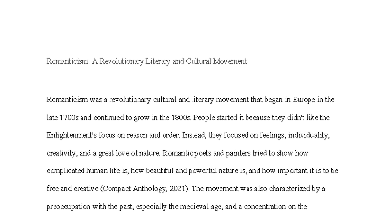 AA2 - World Literature: Exploring the Romanticism Movement - Studocu