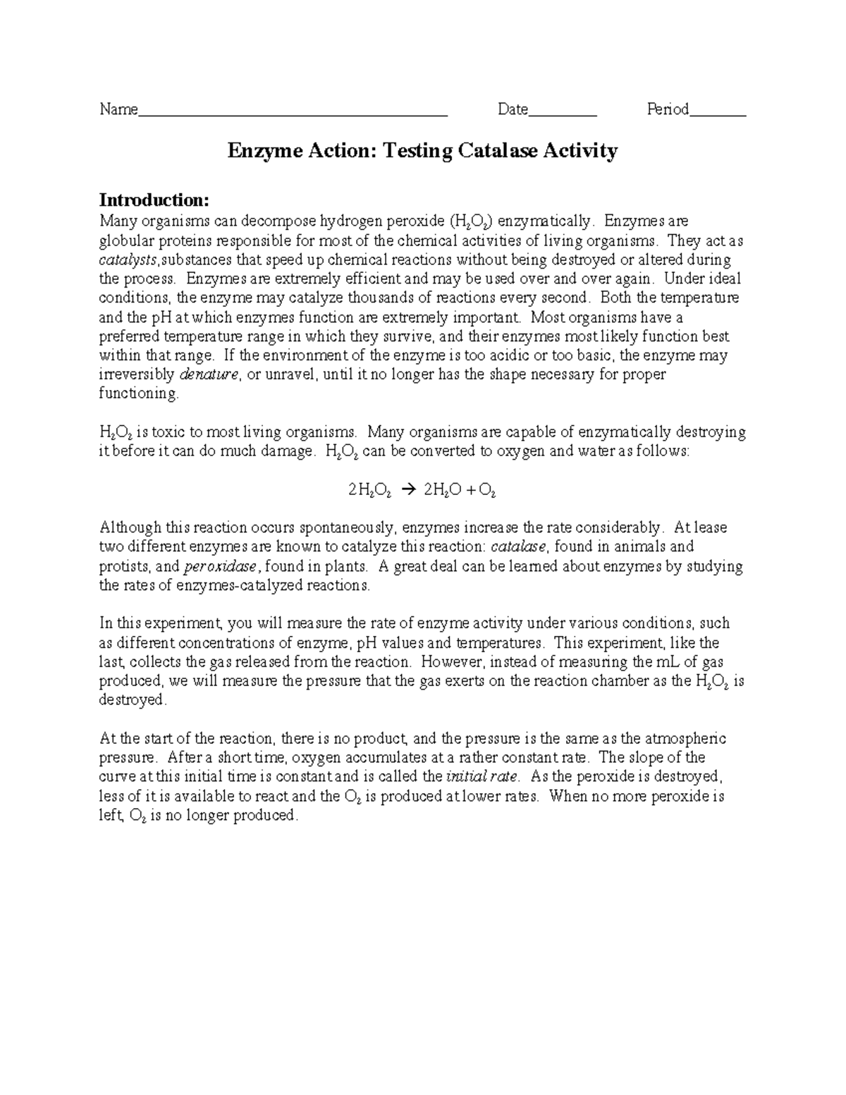 Enzyme Action Lab (BIO 101): Testing Catalase Activity - Studocu