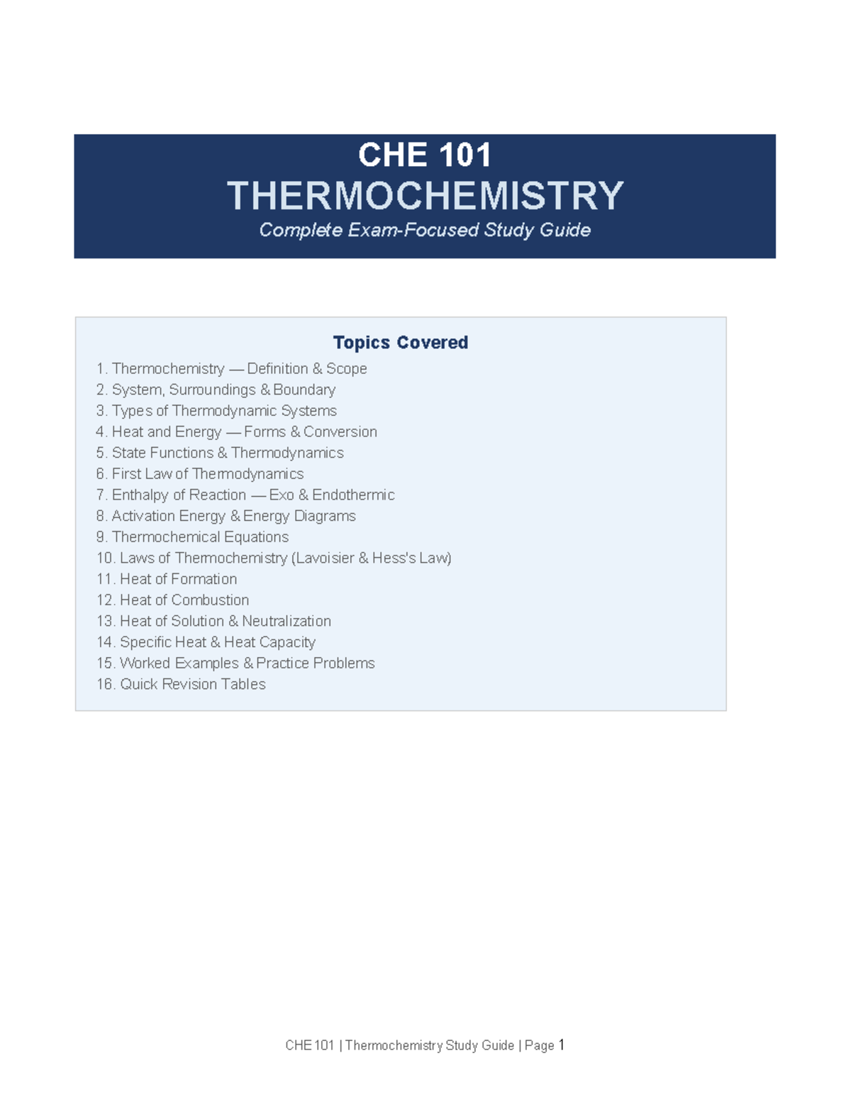 CHE 101 Thermochemistry Final Exam Study Guide - Studocu