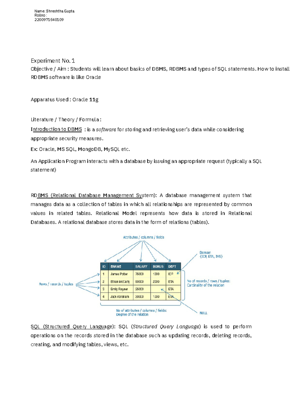 DBMS Lab Manual.pdf sh - bbh kg - Experiment No. 1 Objective / Aim : Students will learn about ...