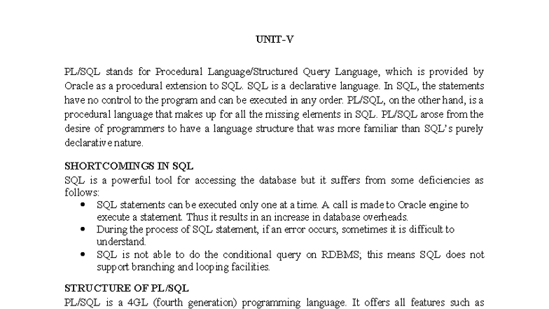 PL/SQL Overview and Key Concepts - DBMS Unit 5 - Studocu