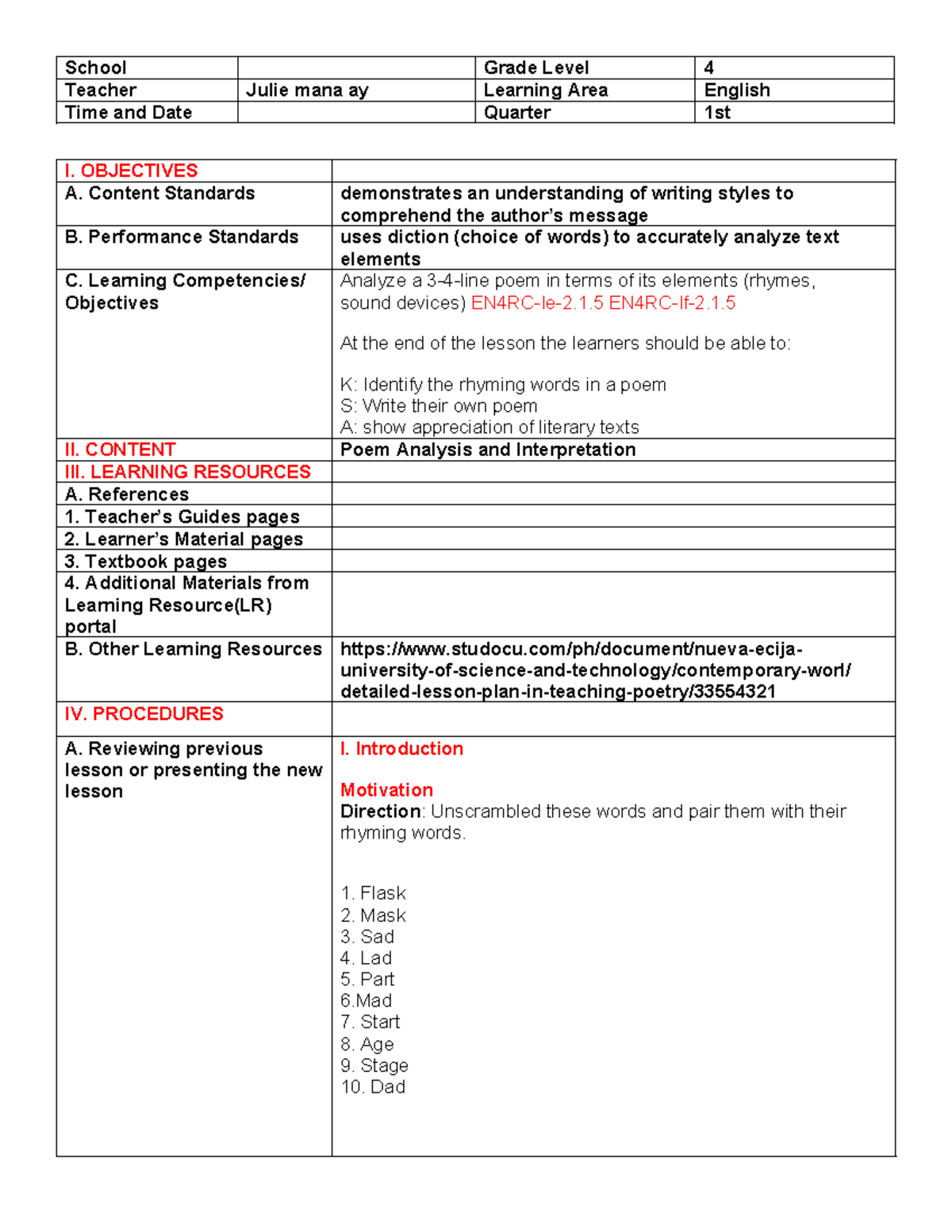 Poetry Lesson Plan for Grade 4: Analyzing Rhymes and Themes - Studocu