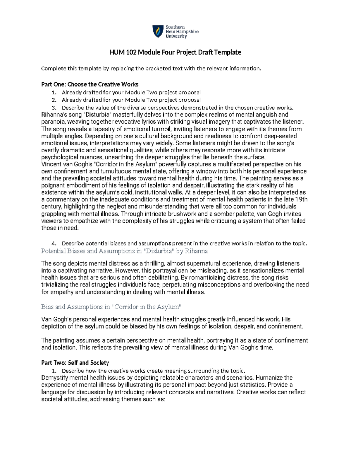 HUM 102 Module Four Project Draft: Exploring Creative Works on Mental ...