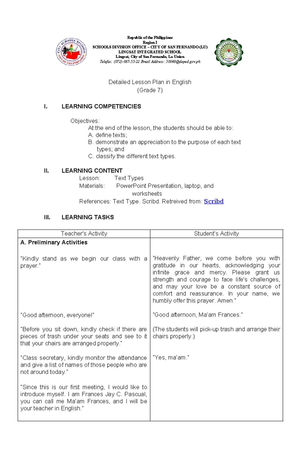 ENG 7 - Detailed Lesson Plan on Text Types and Activities - Studocu