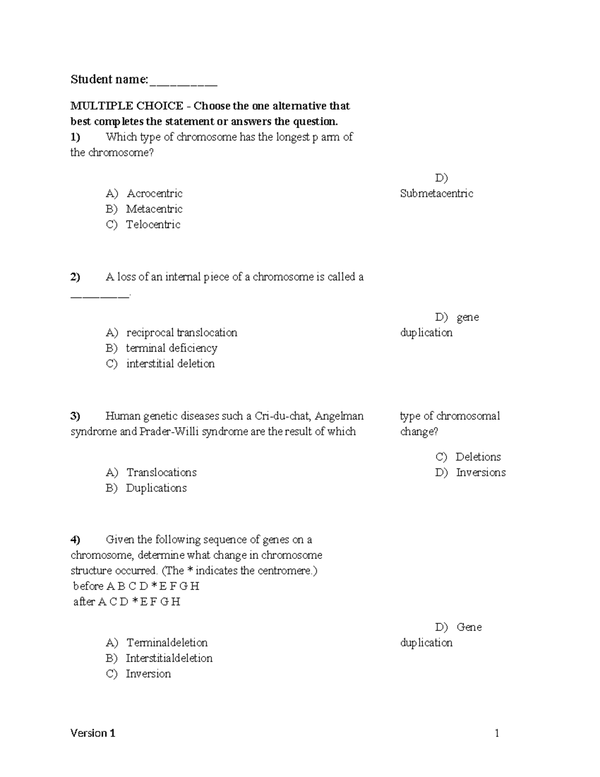 Quiz Practice (Genetics) - MCQs on Chromosomal Changes and Disorders ...