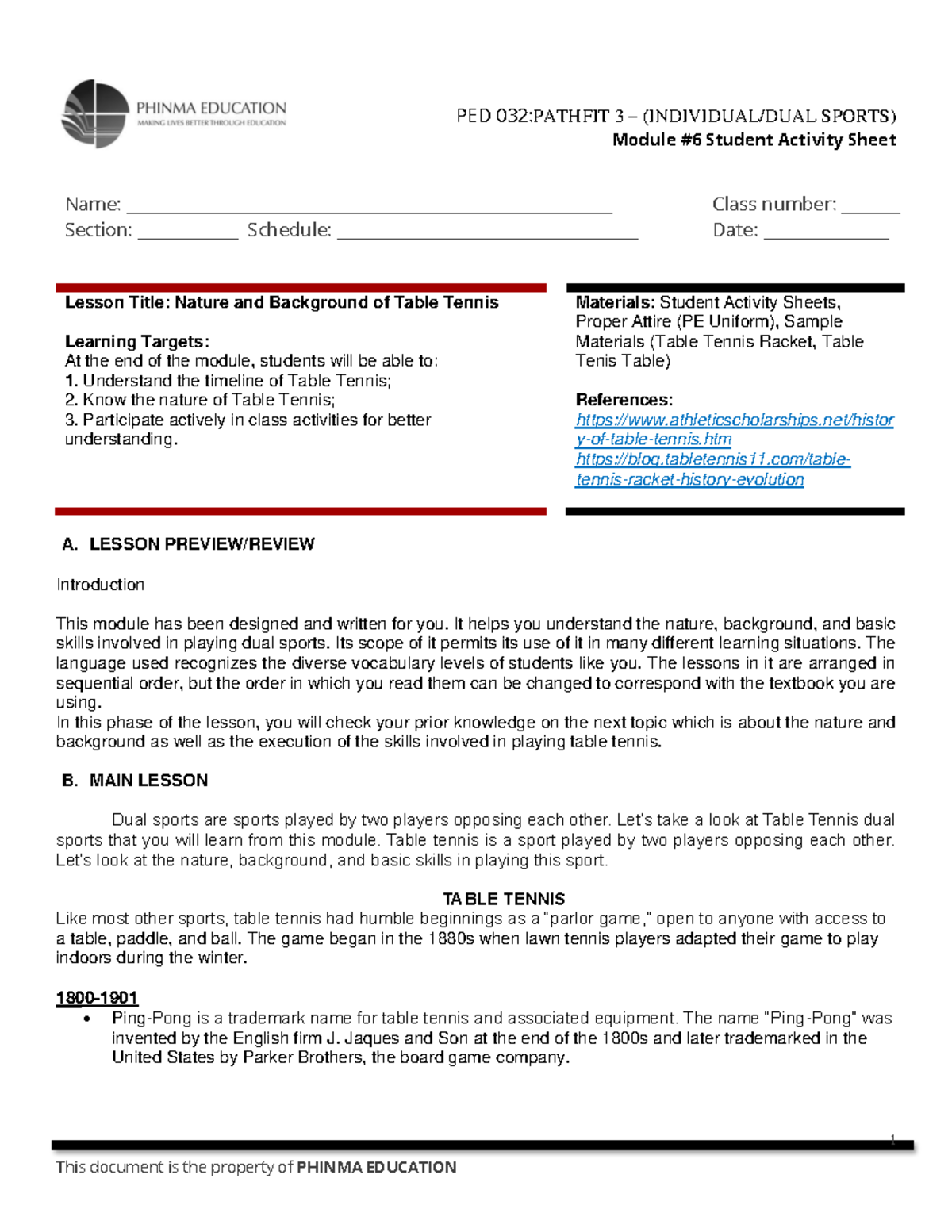 PED 032: PATHFIT 3 SPORTS - Lesson on Table Tennis History & Skills ...