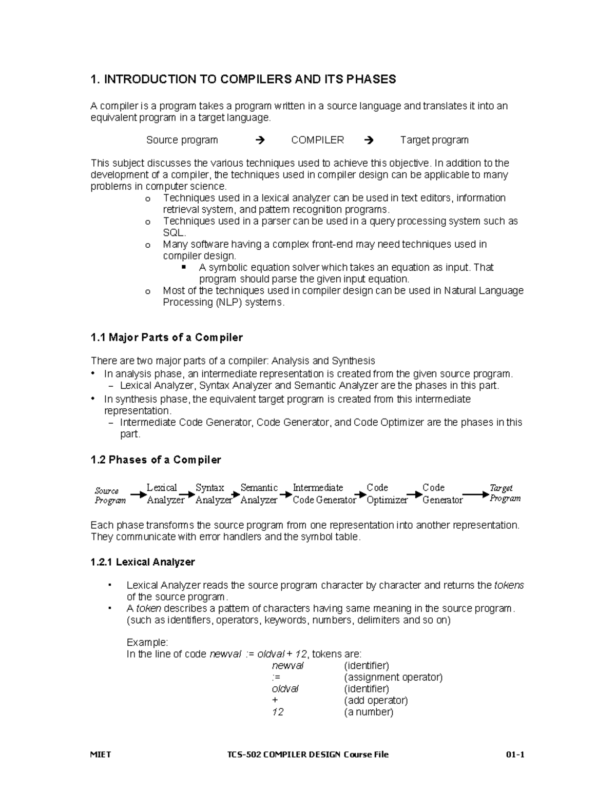 MIET COMPILER DESIGN Course Notes: Introduction to Compilers and Phases ...