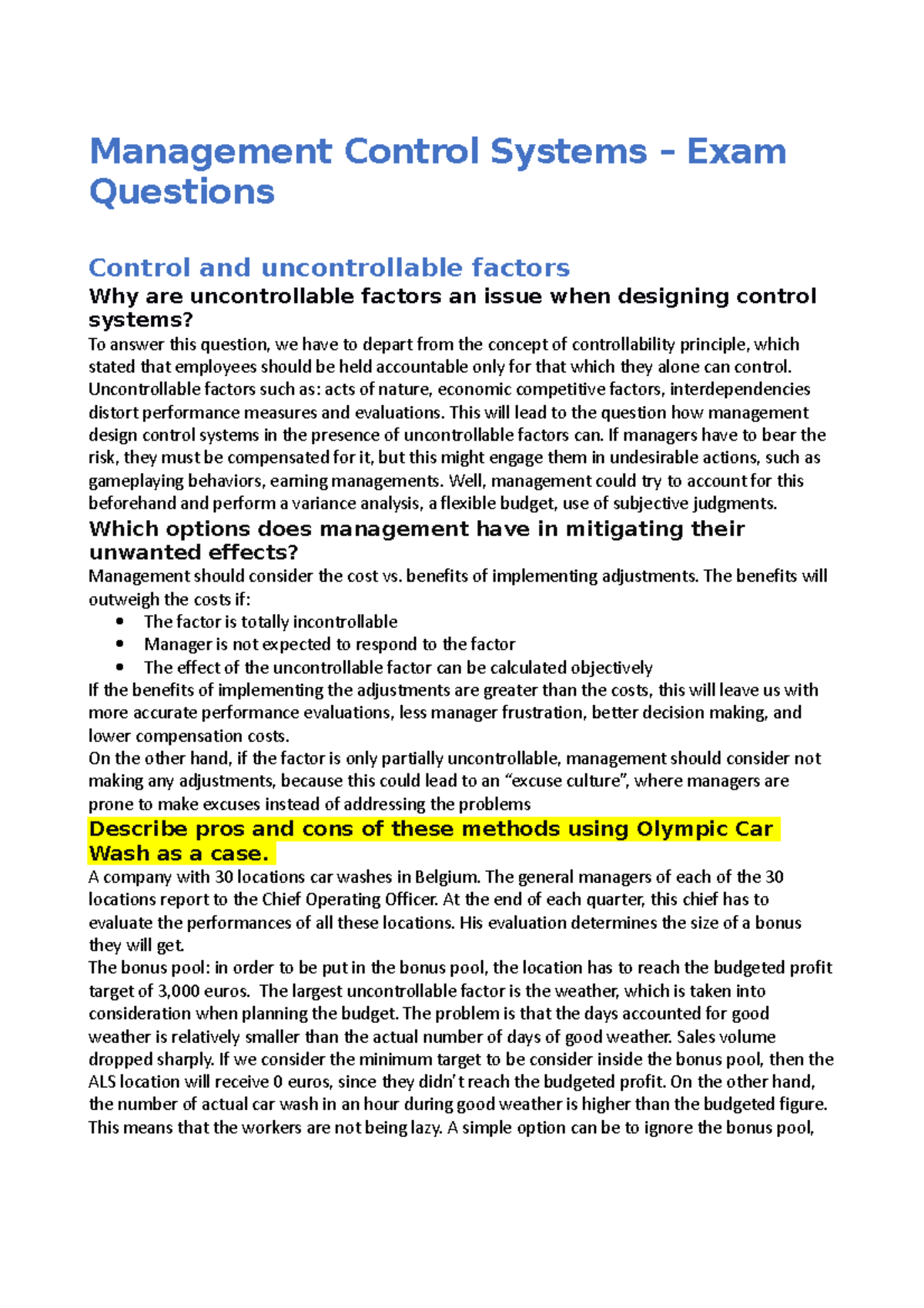 Management Control Systems - Exam Q&A on Uncontrollable Factors and ...