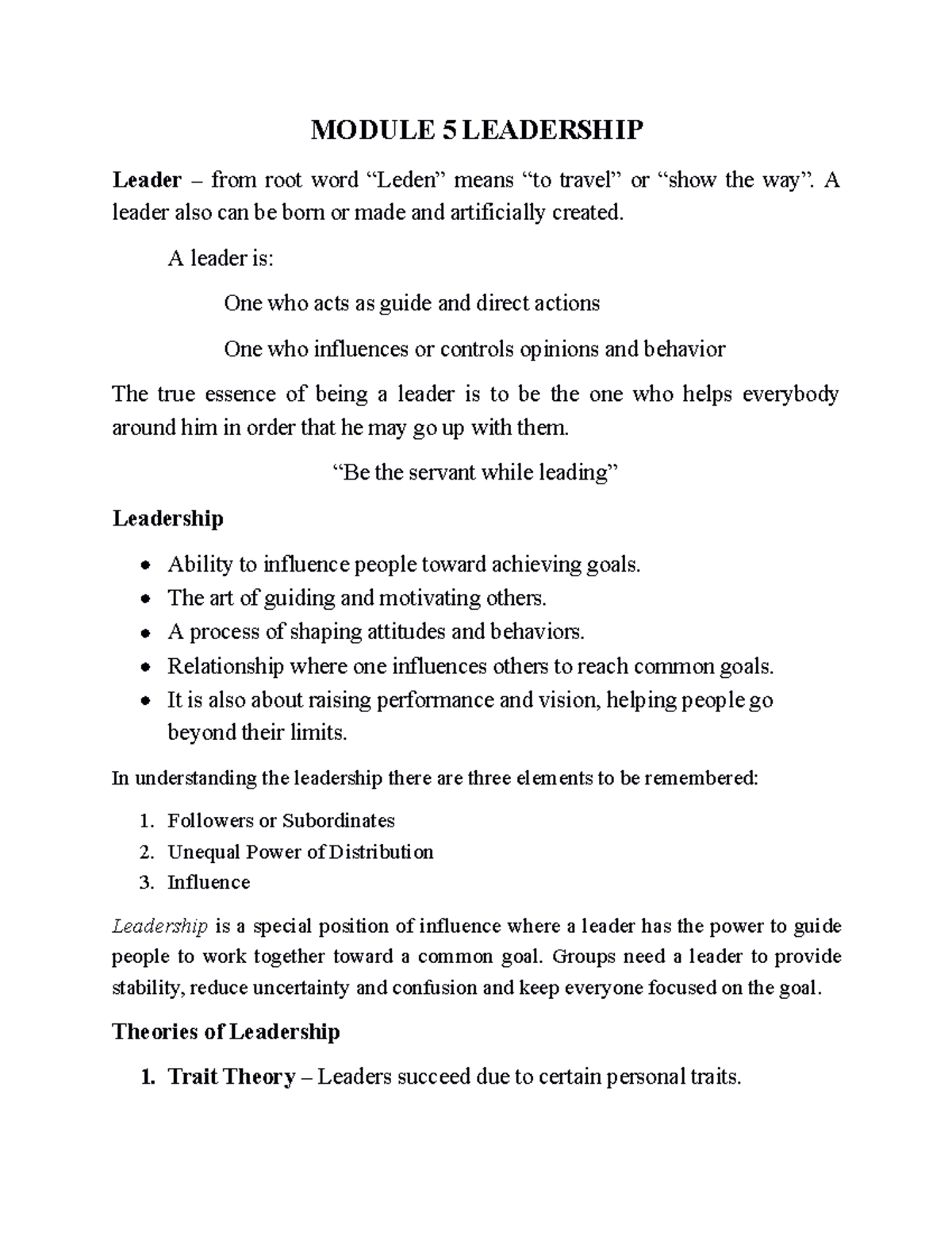 MODULE 5 LEADERSHIP: Understanding Leadership Theories and Styles - Studocu
