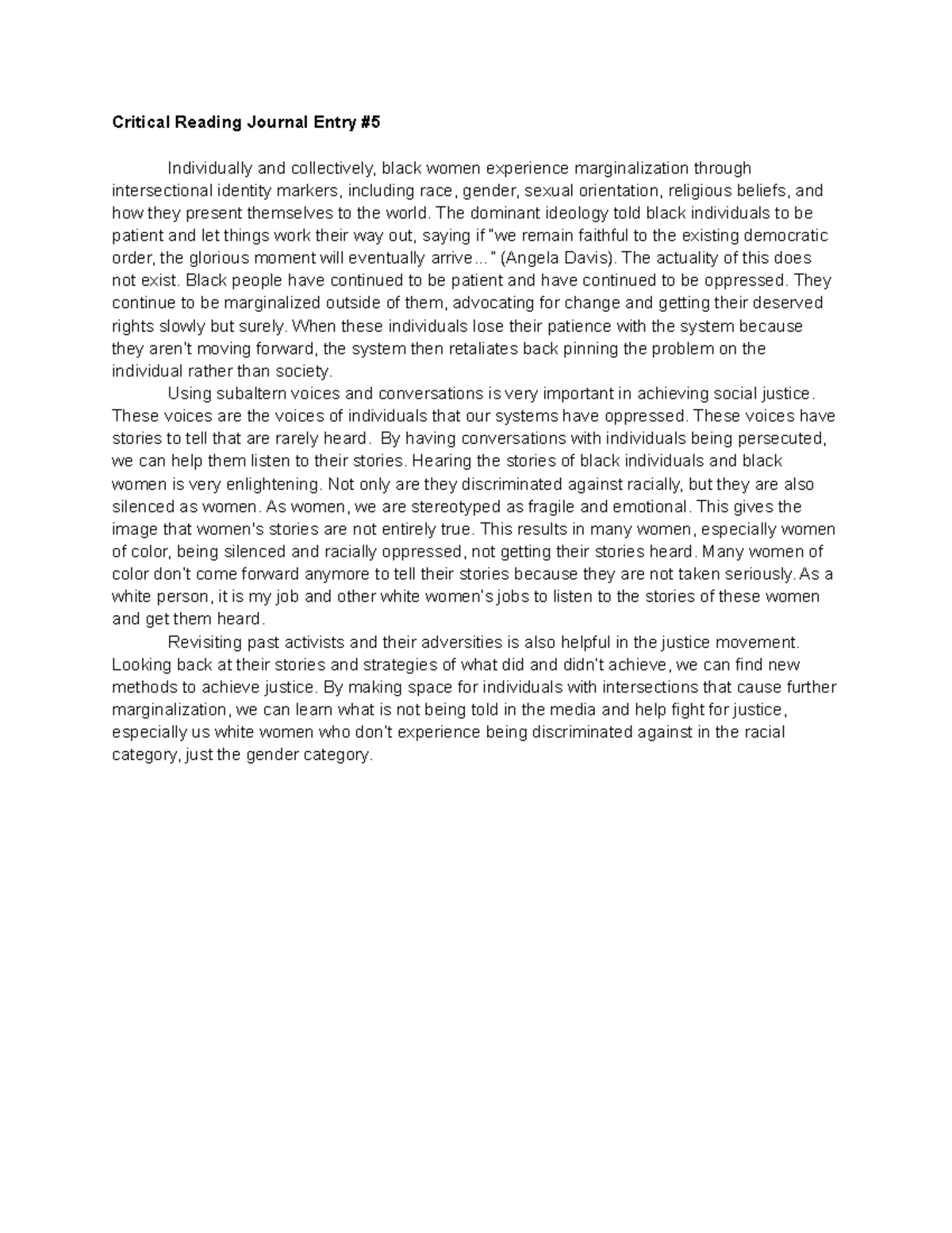 Critical Reading Journal Entry #5: Intersectionality & Marginalization ...